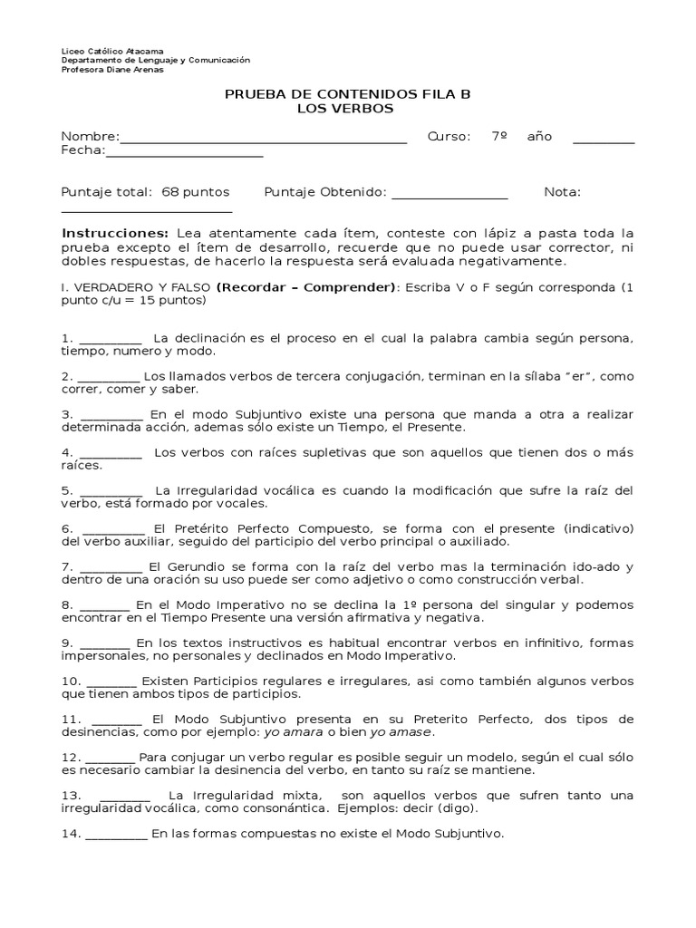 Prueba de Verbos 2 | Verbo | Gramática