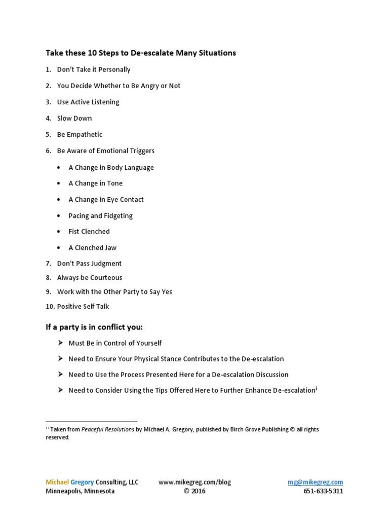 Handout On De-Escalation | PDF