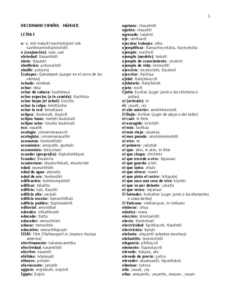 Nahuatl Diccionario - Letra e | Naturaleza