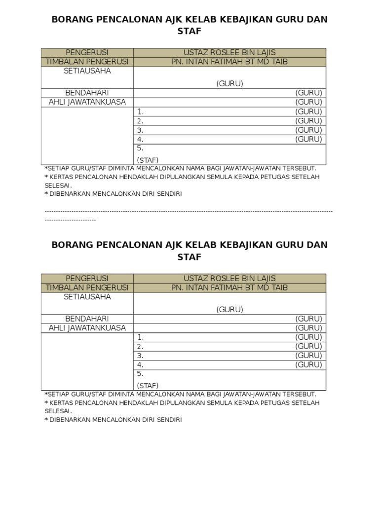 Borang Pencalonan Ajk Kelab Kebajikan Guru Dan Staf | PDF