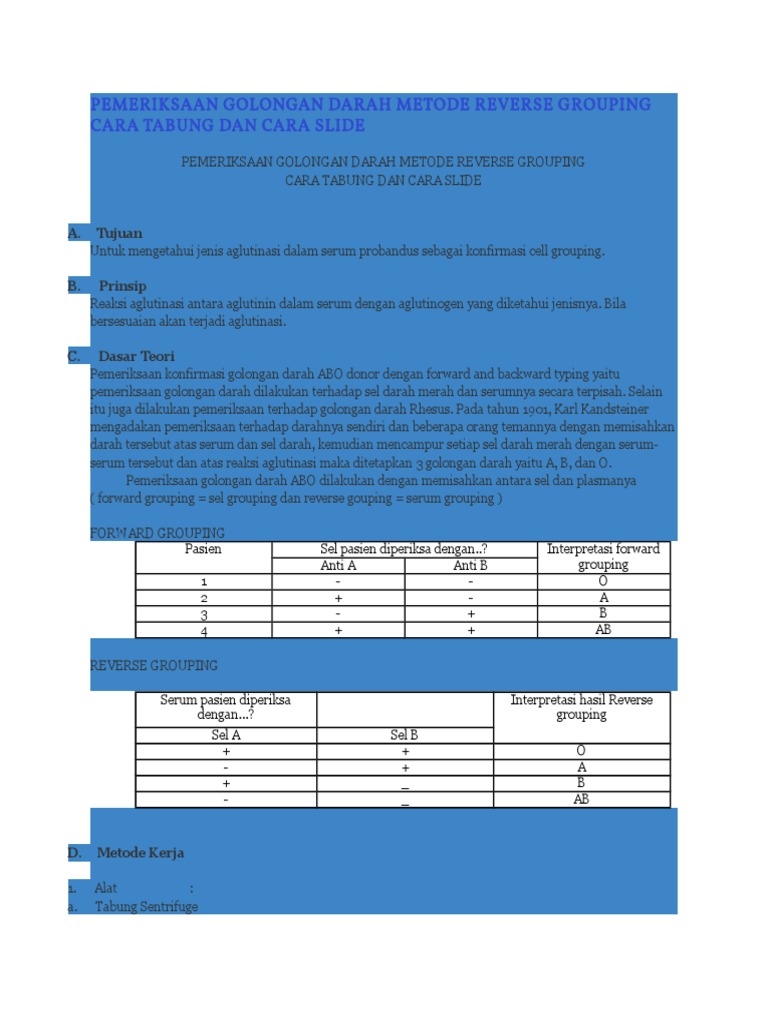 Pemeriksaan Golongan Darah Metode Reverse Grouping Cara Tabung Dan Cara ...