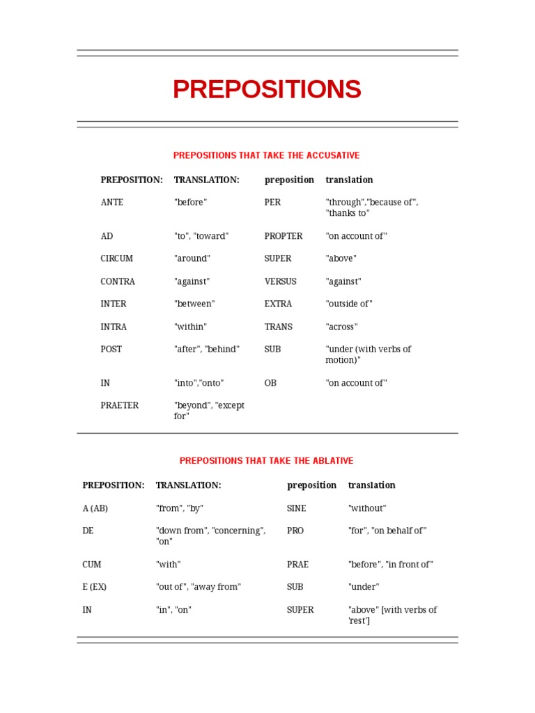 Latin Prepositions that Take the Accusative and Ablative Cases | PDF