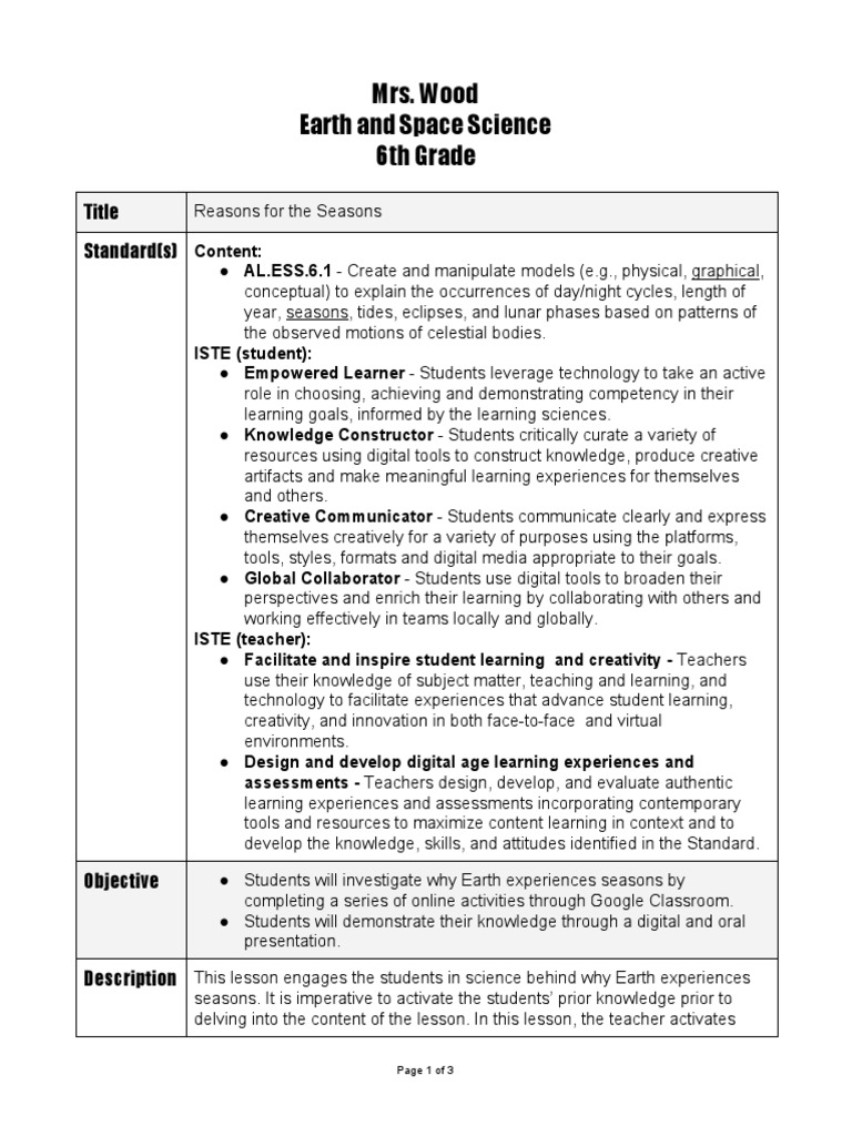 Mrs. Wood Earth and Space Science 6th Grade: Title Standard(s) | PDF ...