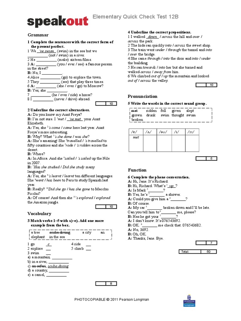 Elementary Quick Check Test 12B: Grammar | PDF