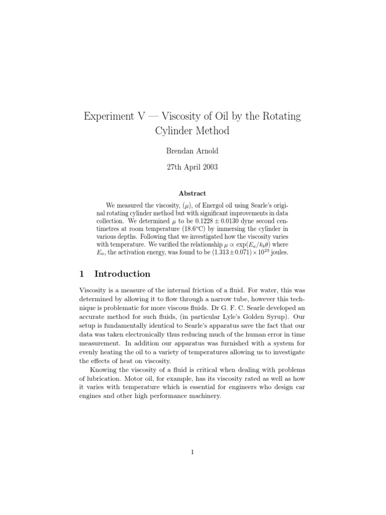 Experiment V - Viscosity of Oil by The Rotating Cylinder Method | PDF ...