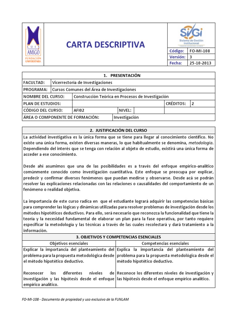 Carta Descriptiva AFI02 (Actualizada A Julio de 2016) | PDF | Hipótesis ...