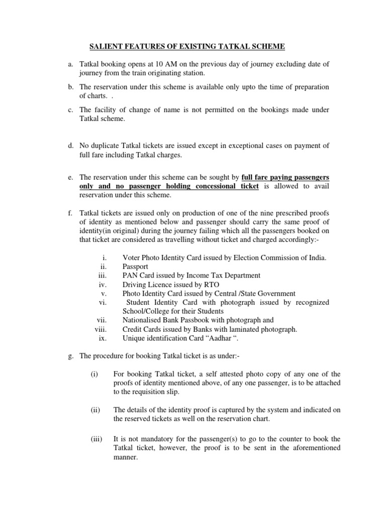 Tatkal Scheme: Key Features | PDF