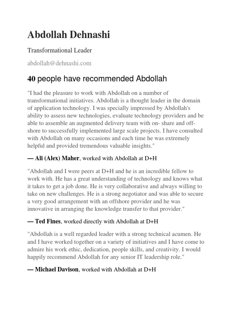 Abdollah Dehnashi - Recommendation | PDF | Mentorship | Leadership