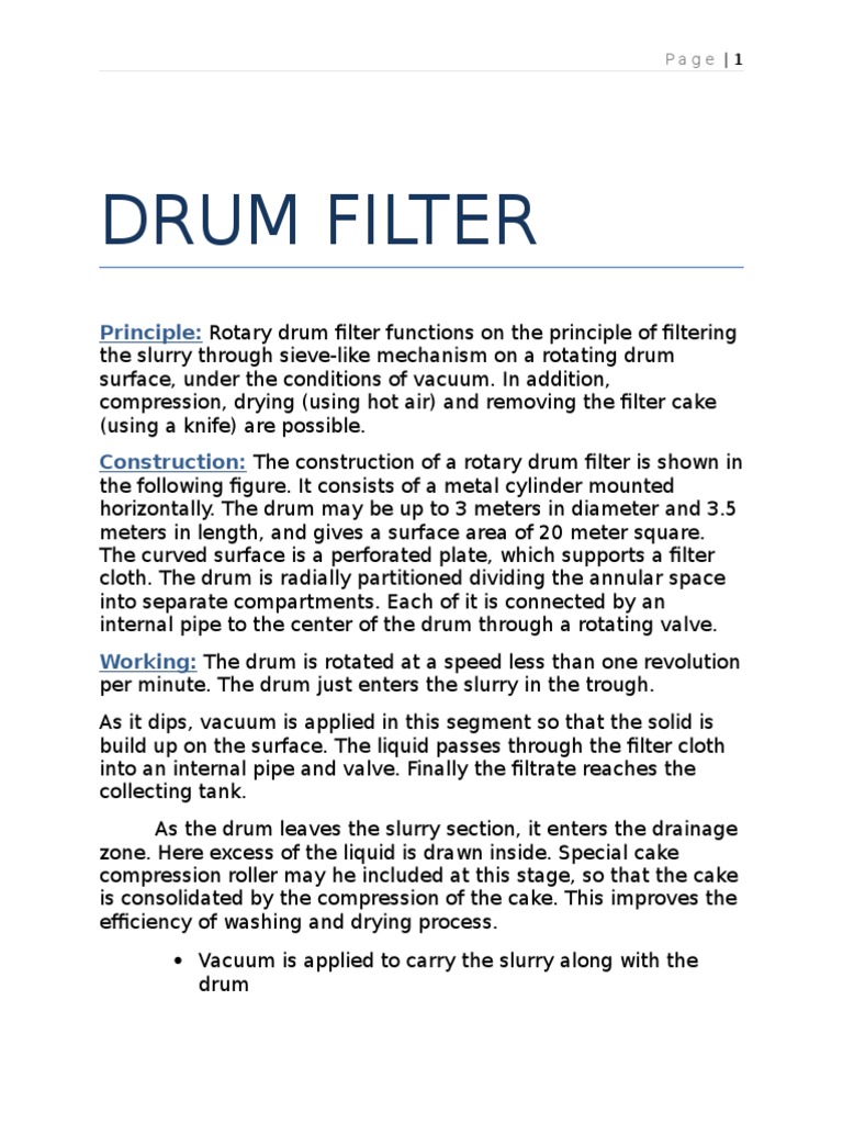Rotary Drum Filter | PDF | Filtration | Chemical Engineering
