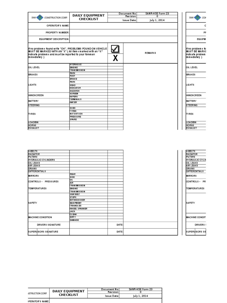 Daily Equipment Inspection Checklist | PDF