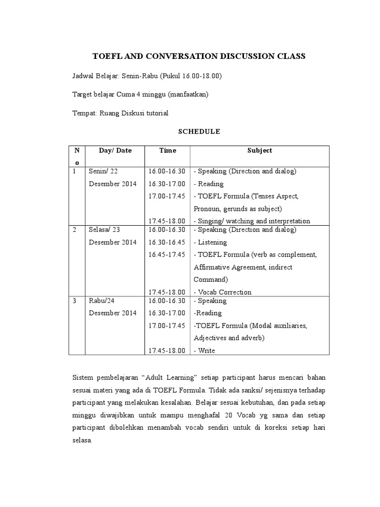TOEFL and Conversation Discussion Class | PDF