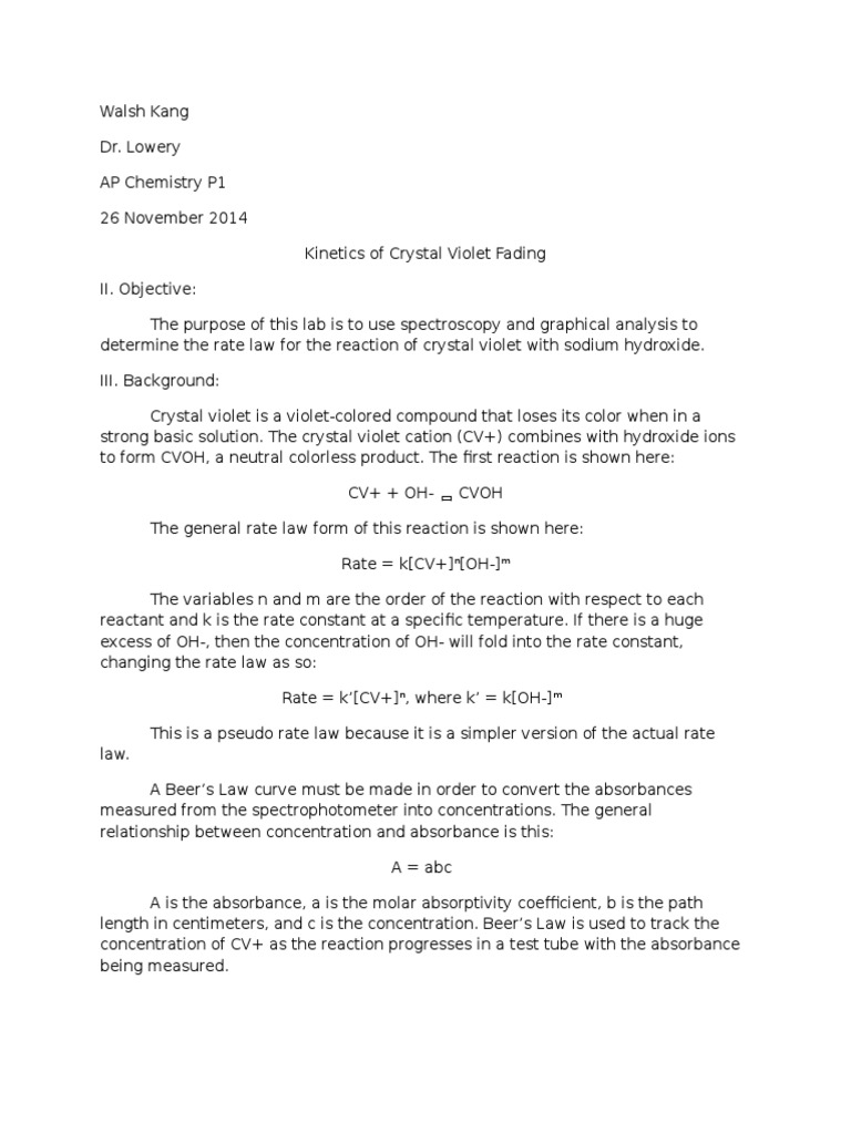 AP Chem: Crystal Violet Kinetics | PDF | Absorbance | Hydroxide