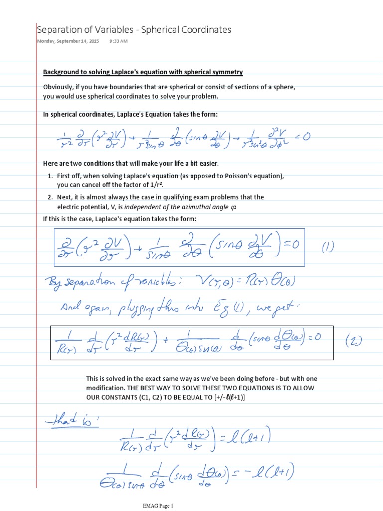 Separation of Variables - Spherical Coordinates | PDF | Equations | Sphere