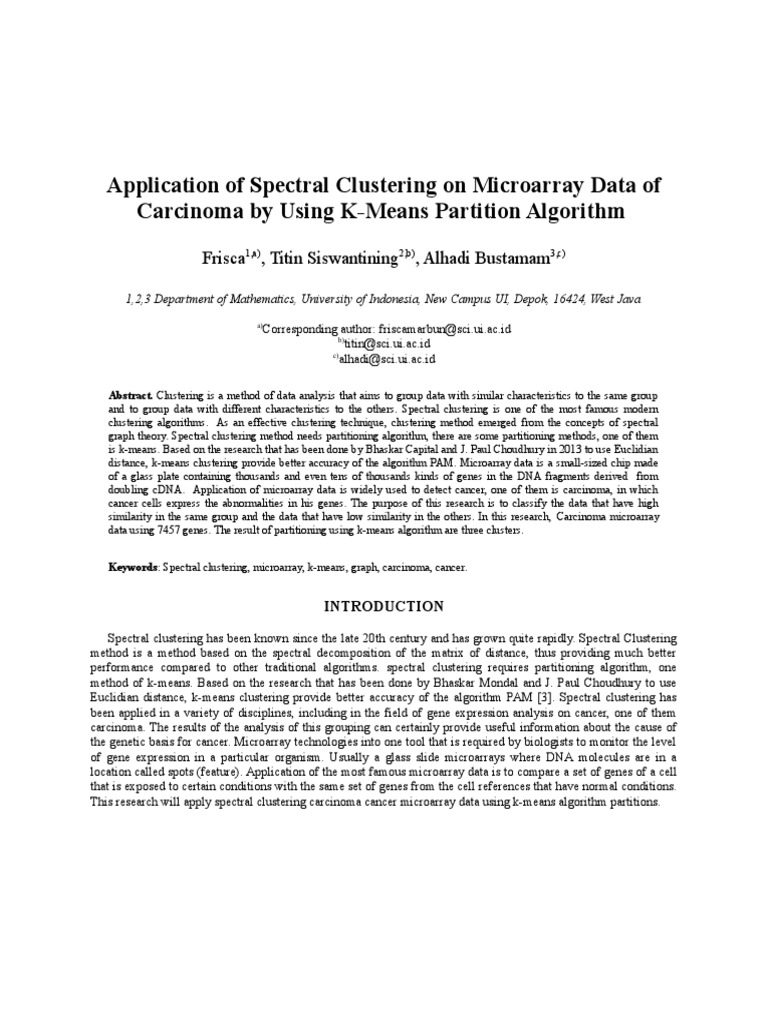 Application of Spectral Clustering On Microarray Data of Carcinoma by Using K-Means Partition ...