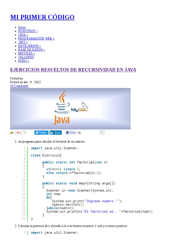 Ejercicios Resueltos de Recursividad en Java _ Mi Primer Código | PDF | Mi sql | Java (lenguaje ...