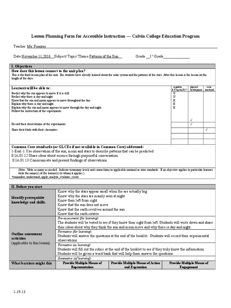 Lesson Planning Form For Accessible Instruction - Calvin College ...