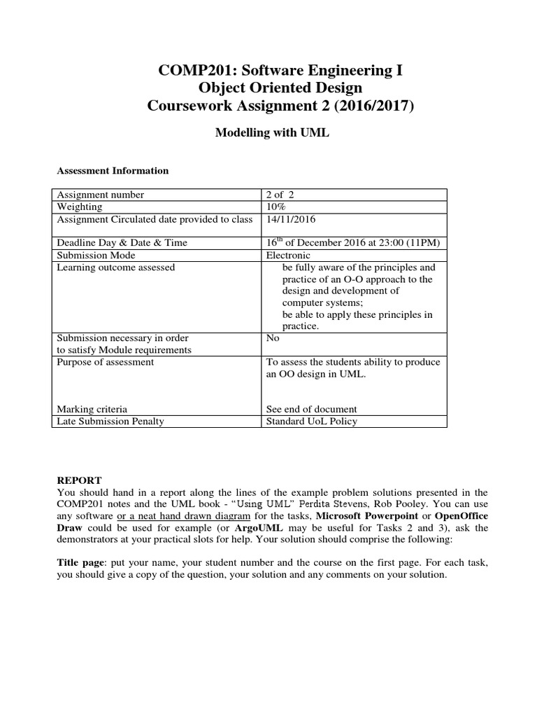 COMP201: Software Engineering I Object Oriented Design Coursework Assignment 2 (2016/2017) | PDF ...