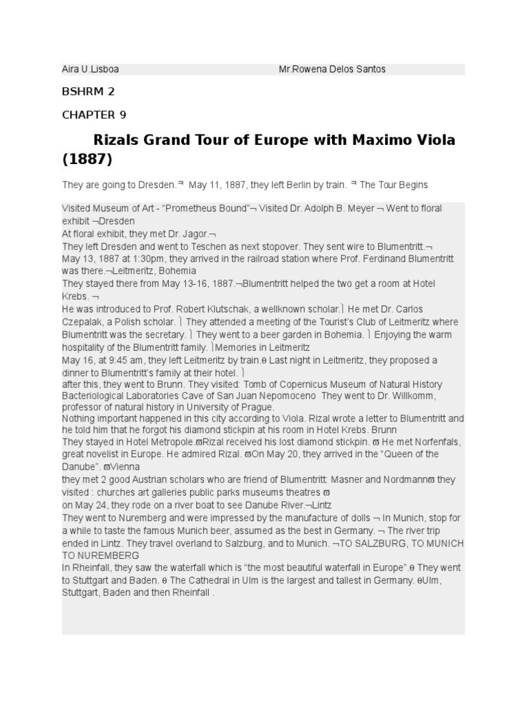 Rizals Grand Tour of Europe With Maximo Viola (1887) : BSHRM 2 | PDF ...
