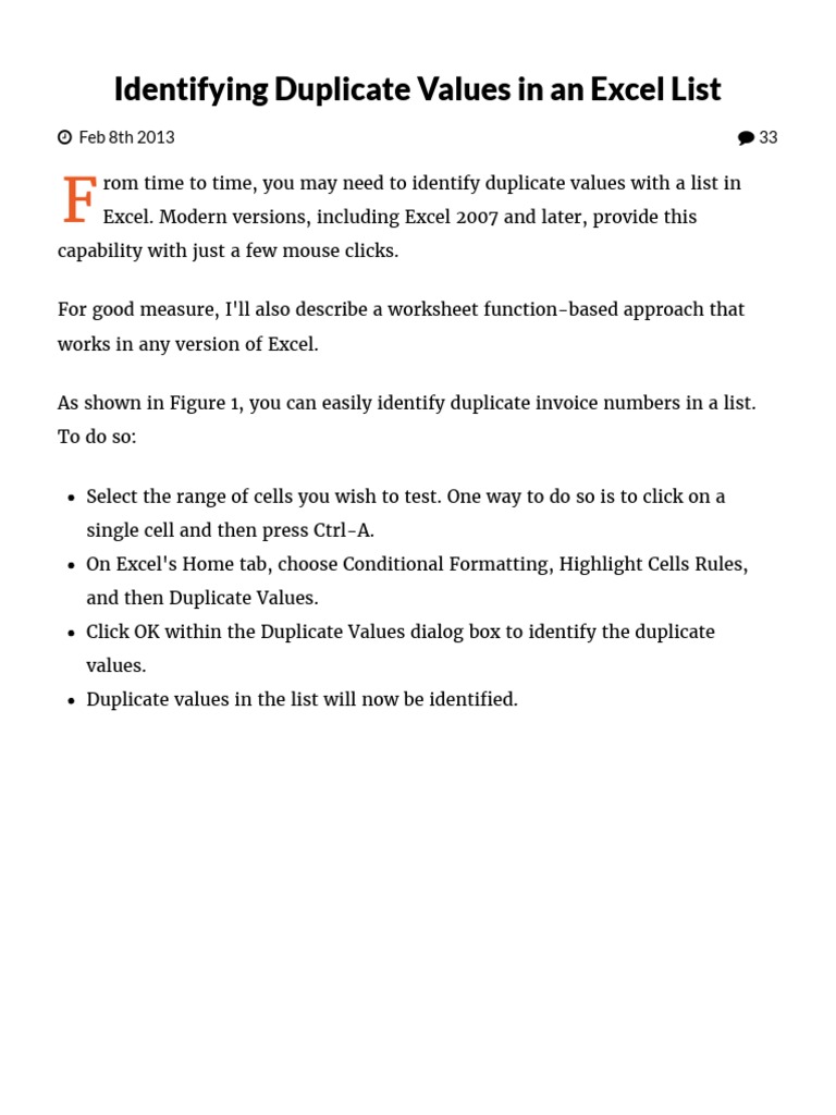 Identifying Duplicate Values in An Excel List | PDF | Microsoft Excel | Spreadsheet
