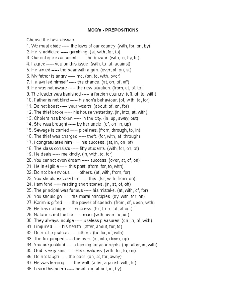 MCQ'S - Prepositions | PDF