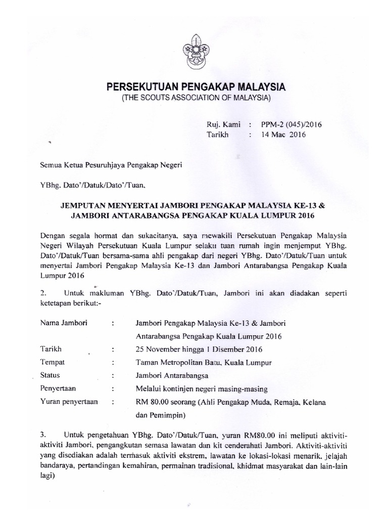 Surat Jemputan Menyertai Jambori Pengakap Malaysia Ke 13 | PDF
