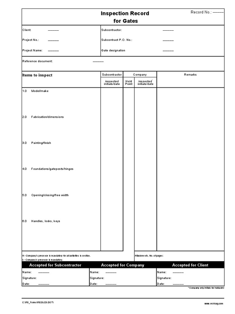 Inspection Record For Gates | PDF