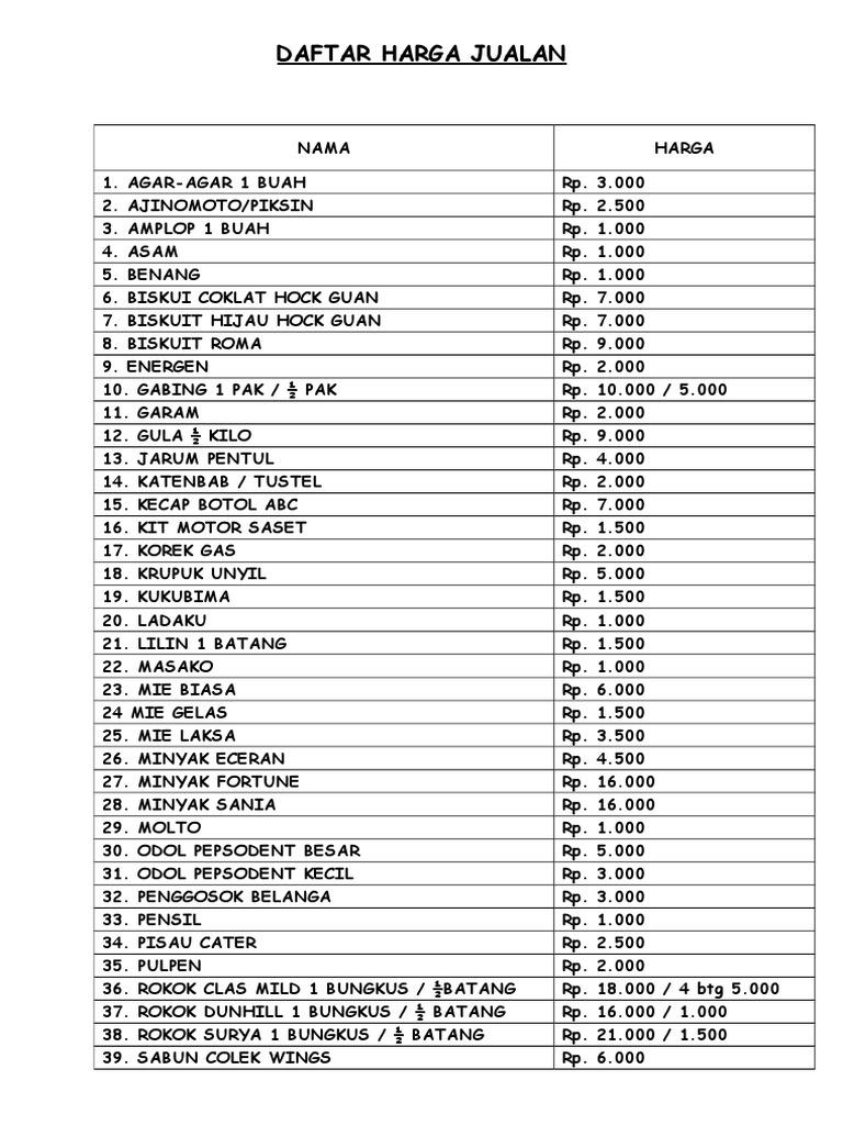 Daftar Harga Jualan | PDF | Memasak, Makanan, & Anggur
