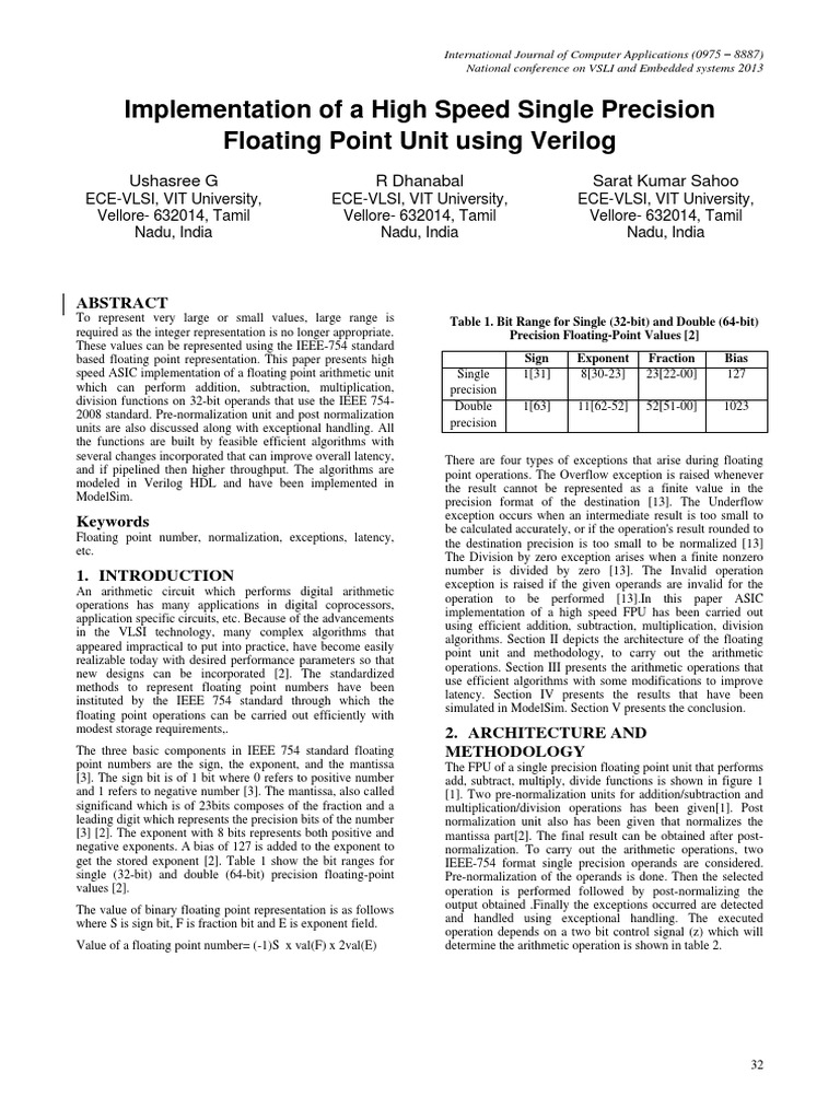 Implementation of A High Speed Single Precision Floating Point Unit Using Verilog | PDF ...