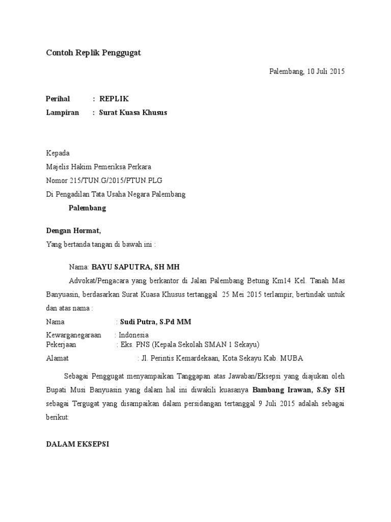 Contoh Replik Penggugat