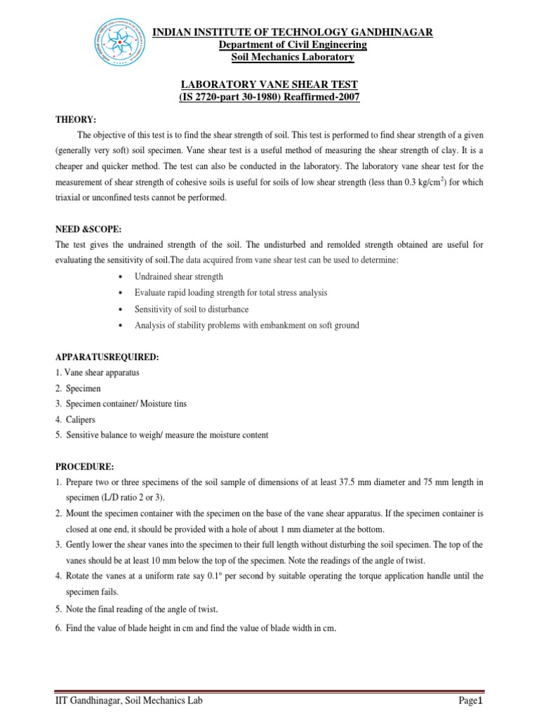 Vane Shear Test - Lab Manual | PDF | Strength Of Materials | Soil Mechanics