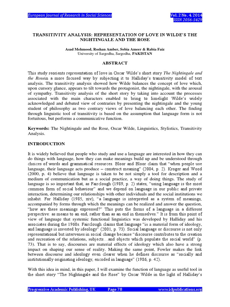 Ttransitivity Analysis Representation of Love in Wilde's The ...