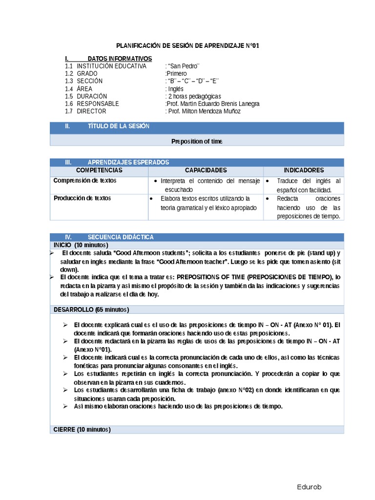 Prepositions of Time Lesson Plan | PDF | Idiomas
