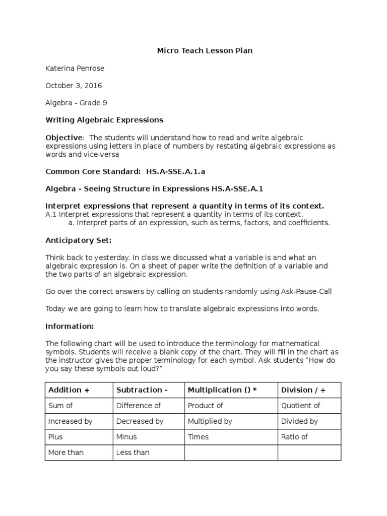 Micro Teach Lesson Plan | PDF | Subtraction | Multiplication