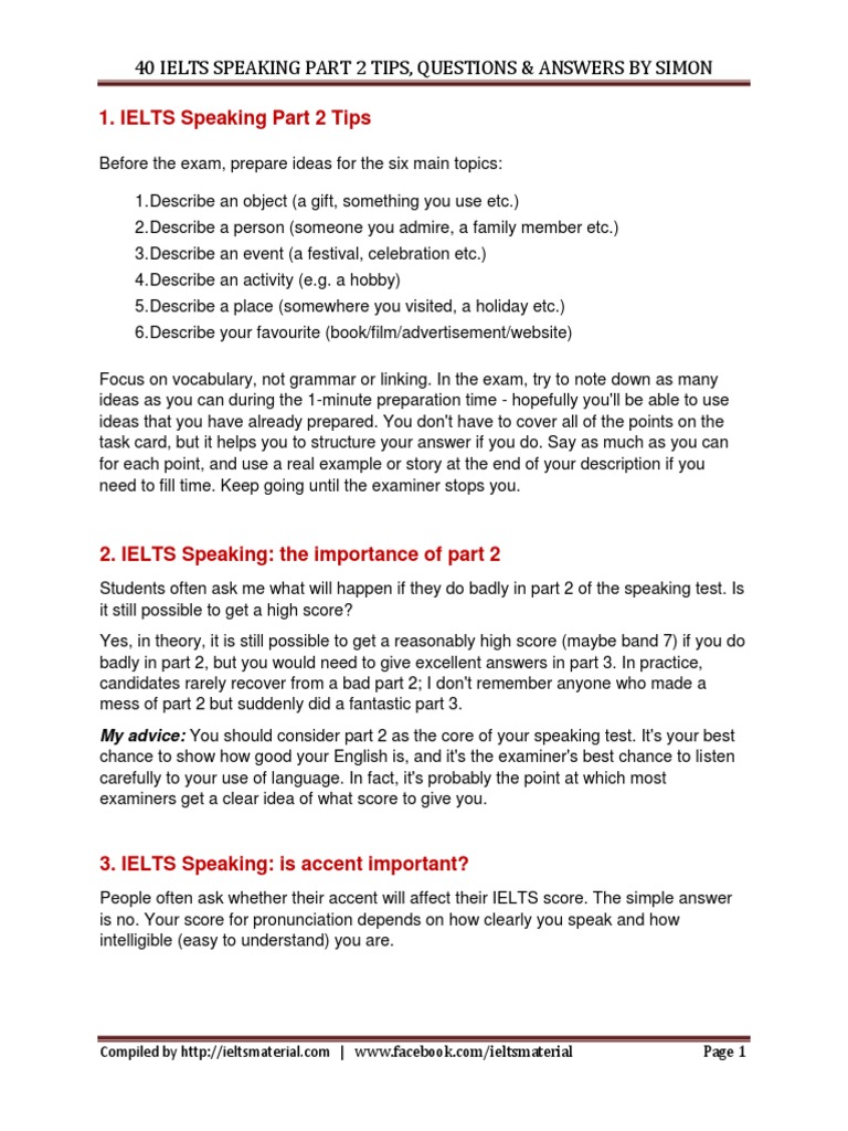 40 Ielts Speaking Part 2 Tips, Questions & Answers by Simon | PDF ...