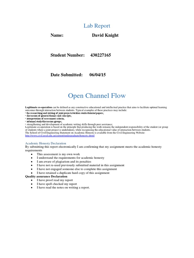 Open Channel Flow: Lab Report | PDF | Fluid Dynamics | Academic Dishonesty
