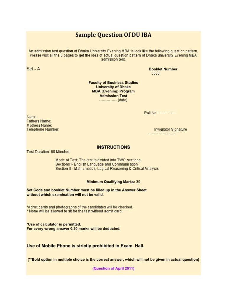 Sample Question of DU IBA 2014 | PDF | Diaper | Money