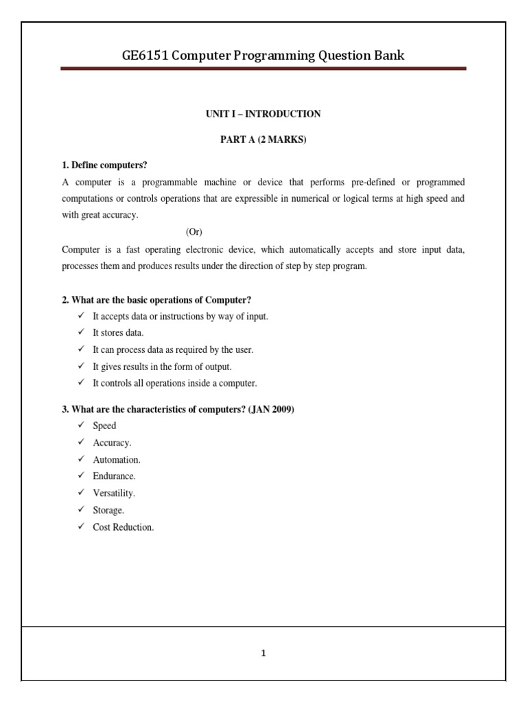 GE6151 Computer Programming Question Bank: Unit I - Introduction Part A (2 Marks) 1. Define ...