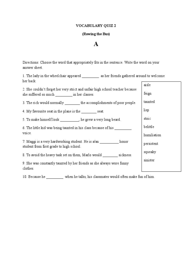 Vocabulary Quiz 2 (Rowing The Bus) | PDF