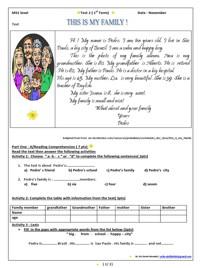 Family Members Test for MS1 Students | PDF | Language Arts & Discipline