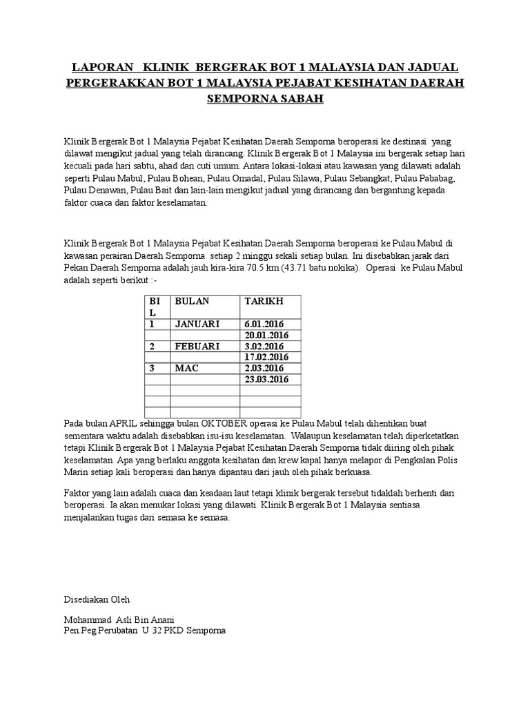 Laporan Klinik Bergerak Bot 1 Malaysia Dan Jadual Pergerakkan Bot 1 ...