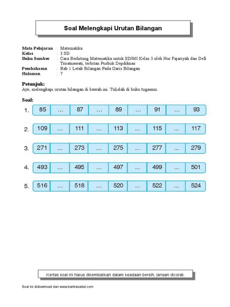03-SD-MTK-Fajariah Soal 01-07 Melengkapi Urutan Bilangan | PDF
