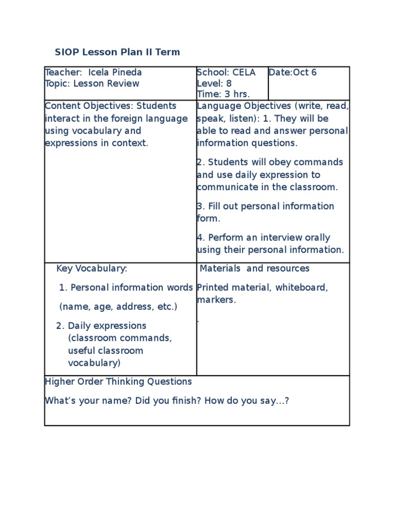 Lesson Plan Practice Cam | PDF