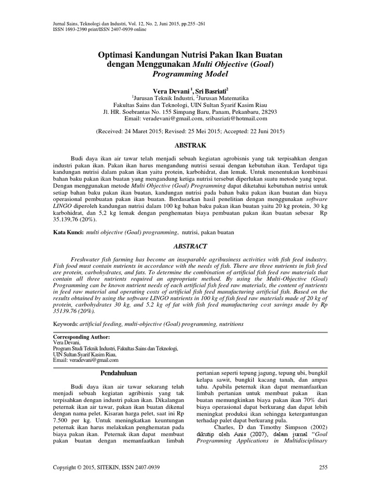 Optimasi Kandungan Nutrisi Pakan Ikan Buatan Dengan Menggunakan Multi Objective (Goal ...