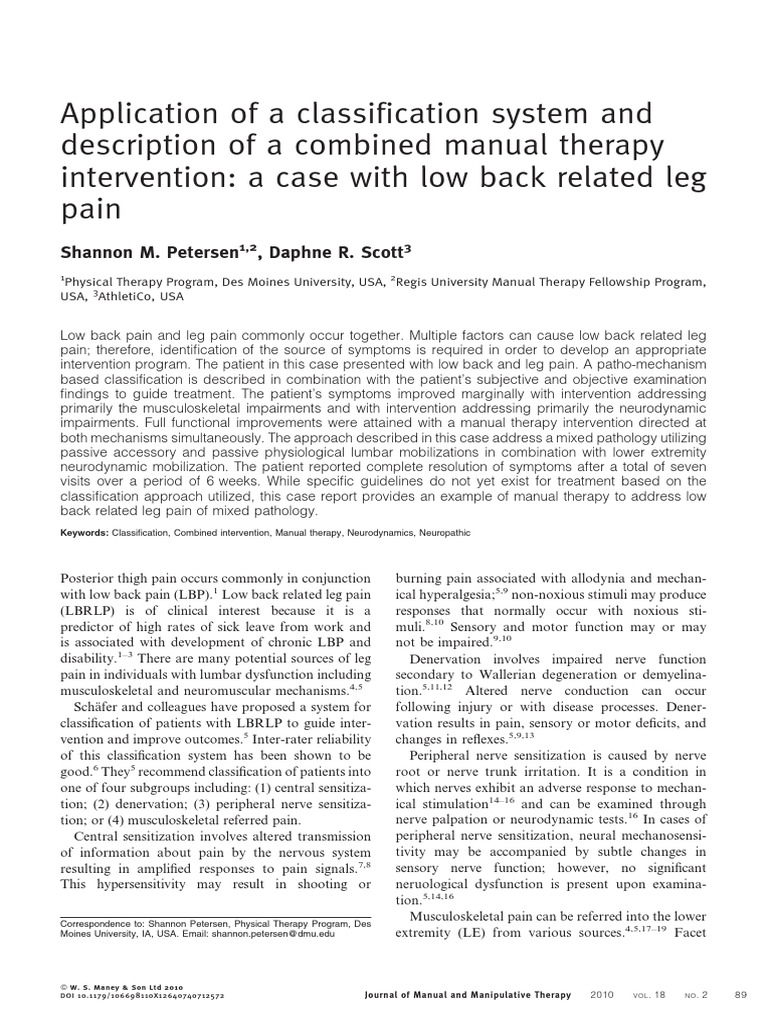 2010 Application of A Classification System and Lumbar Leg Pain | PDF ...