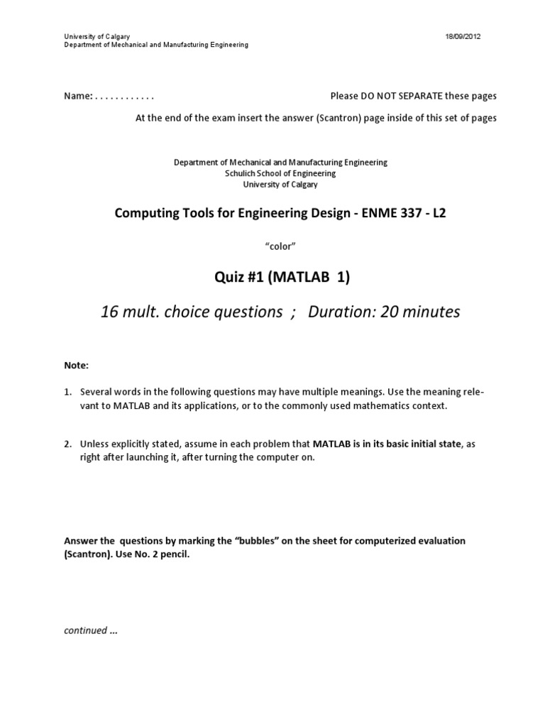Matlab Quiz | PDF | Matlab | Computer Engineering