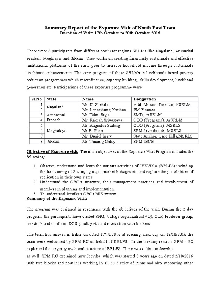 Summary Report of The Exposure Visit of North East Team | PDF ...