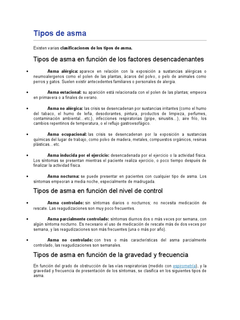 Tipos de asma según sus factores desencadenantes, gravedad y control ...