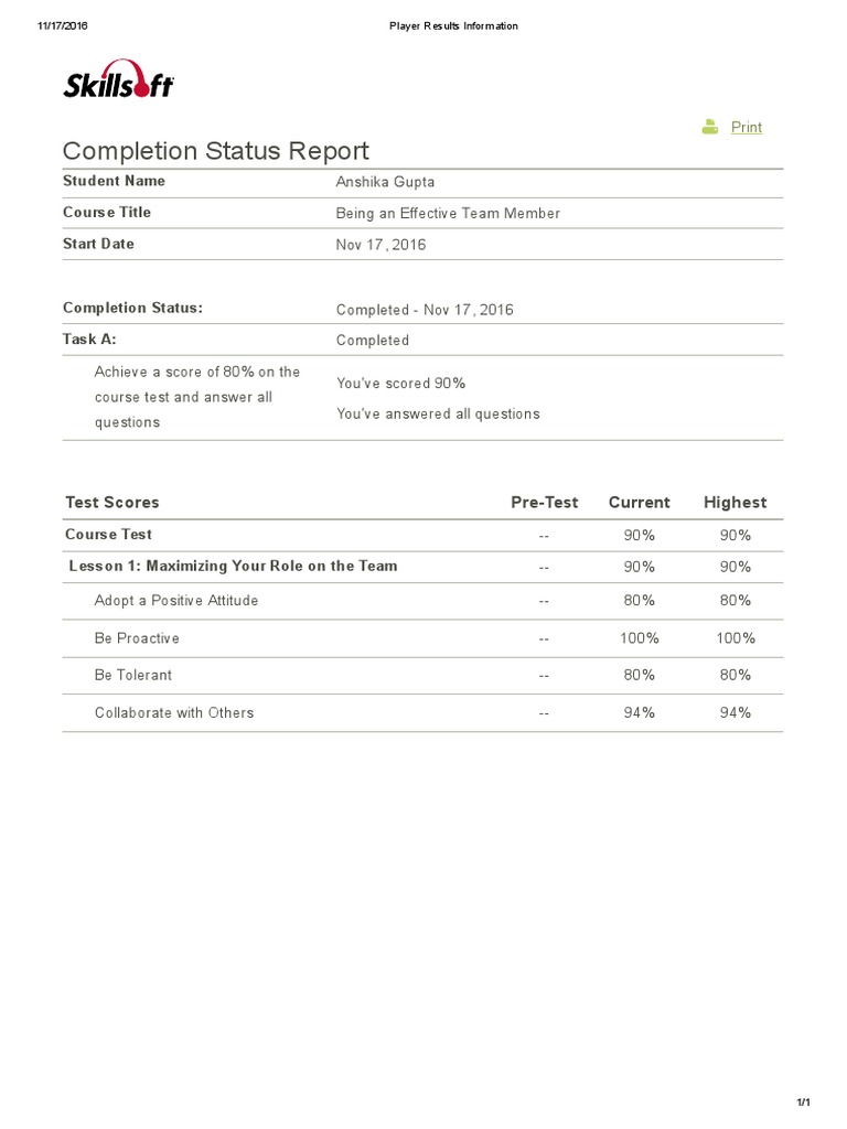 Completion Status Report: Test Scores Pre Test Current Highest | PDF ...