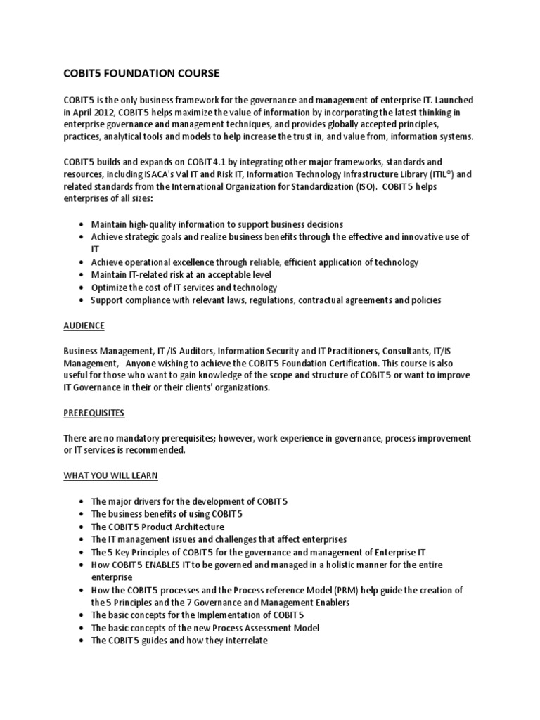 COBIT 5 Foundation Course Outline | PDF | Cobit | Governance