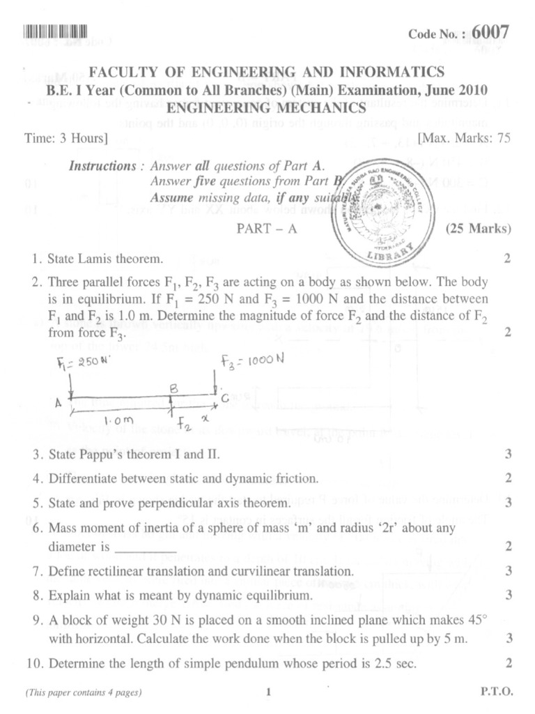 Be Engineering Mechanics Osmania University Question Papers | PDF ...